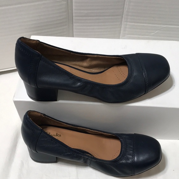 Clarks | Shoes | New Clark Navy Blue Leather Block Heels | Poshmark